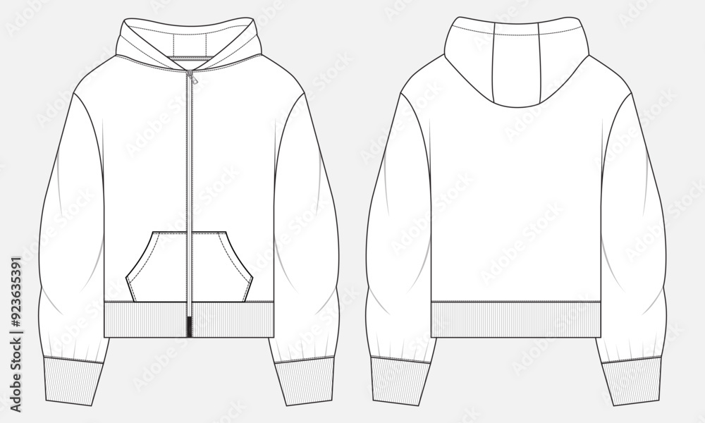 Long sleeve hoodie technical drawing fashion flat sketch vector illustration template front and ...
