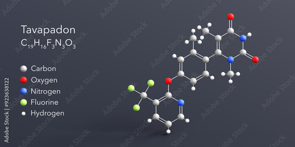 tavapadon molecule 3d rendering, flat molecular structure with chemical ...