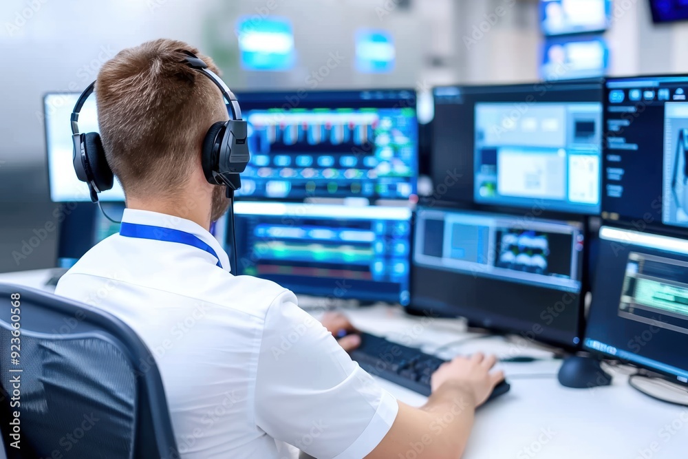 Man working at a control room desk with multiple computer screens ...