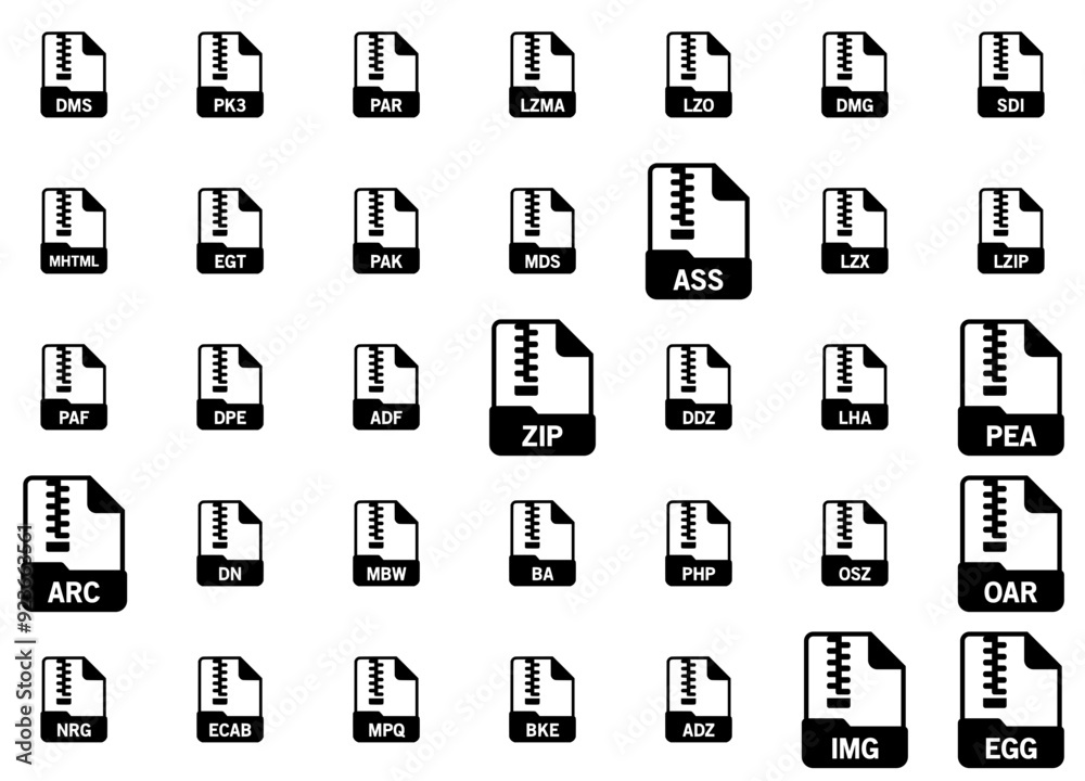 Set Of Linear Archive Compressed File Format Icons Collection Isolated ...