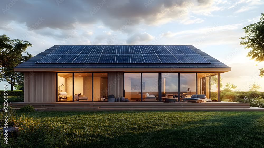 Modern eco-friendly house home solar energy panels roof green renewable ...