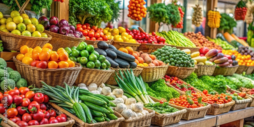 Fresh fruits and vegetables display at a market stall , fresh, ripe ...