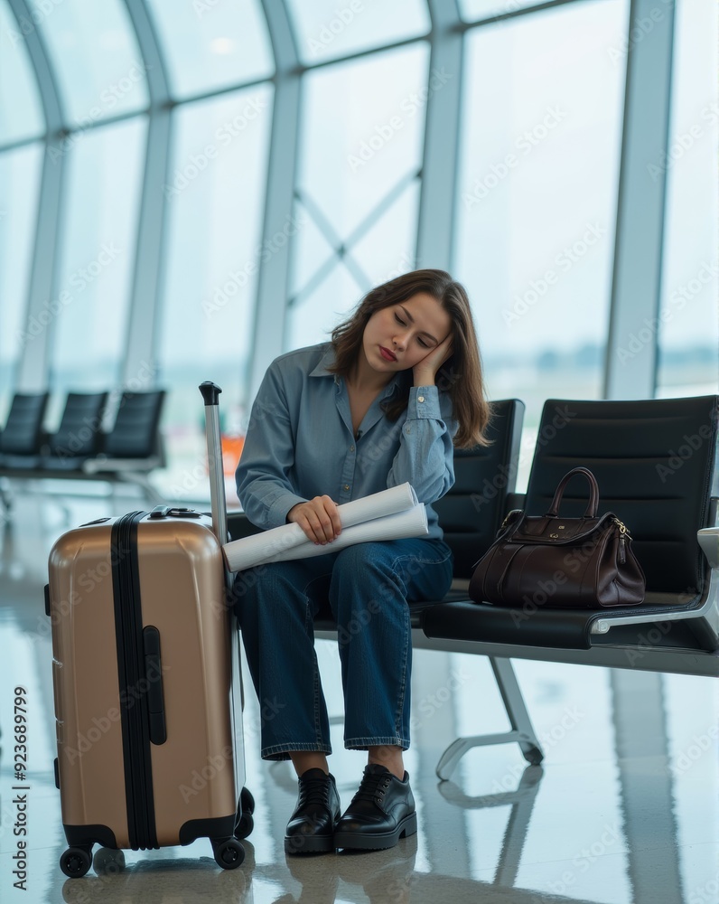 A young woman sits in an airport terminal, looking tired and waiting ...