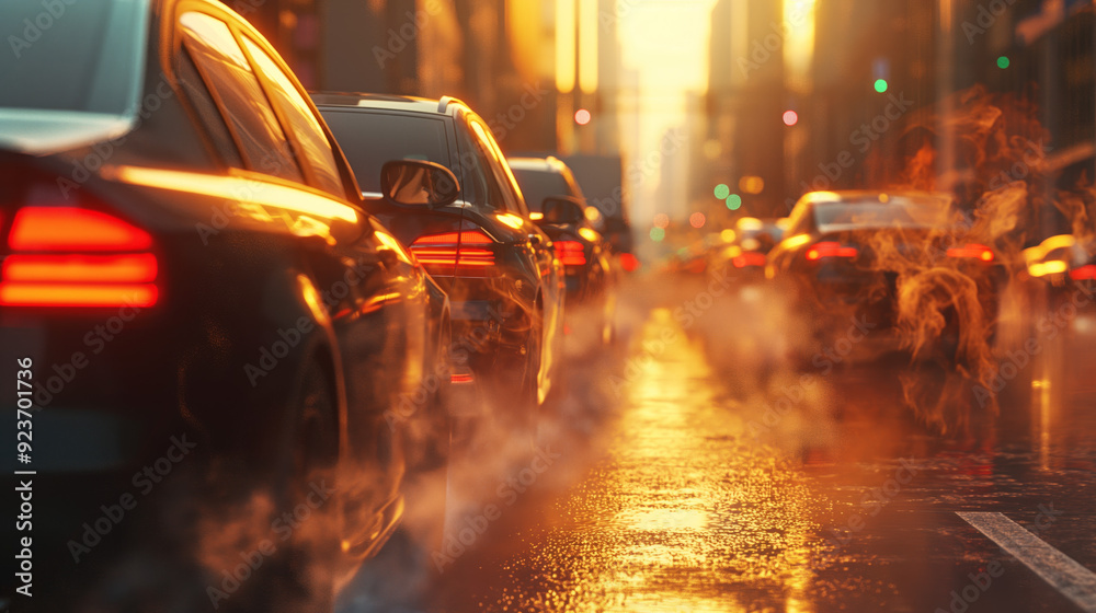Cars in a traffic jam emit smoke from exhaust pipes on a city street ...