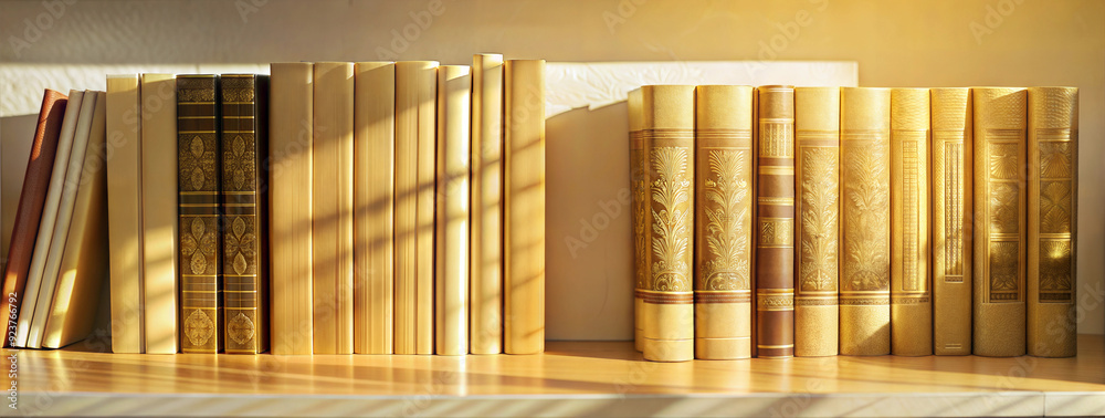 Golden books in golden bindings are tightly packed on shelves in the ...