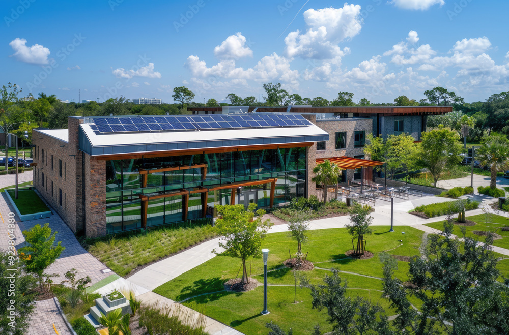 the exterior, bird's eye view of an energy-efficient school building in Florida with solar ...