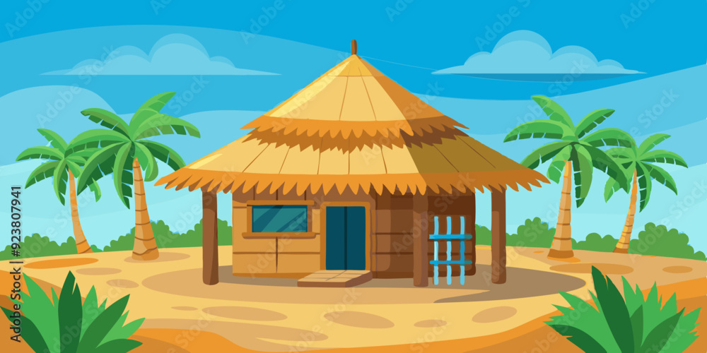 Bungalow hut, vector African thatched nipa house, straw village ...