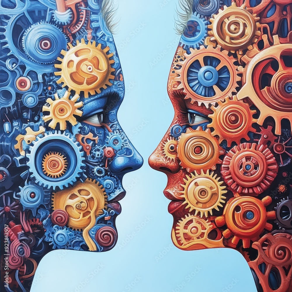 Two mechanical faces composed of gears and cogs face each other ...