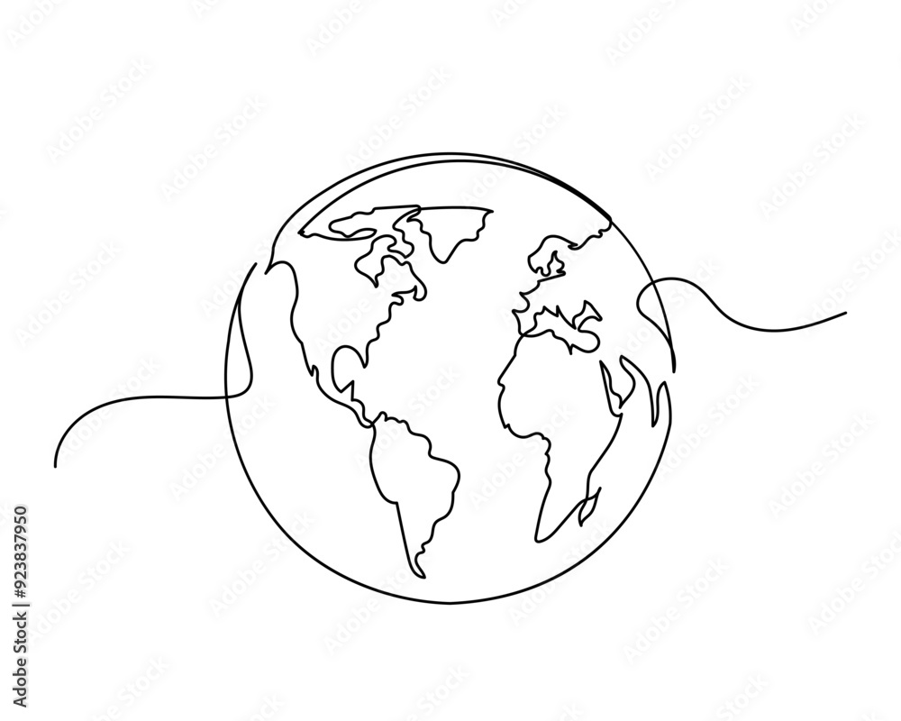 Continuous line drawing of earth vector.single-line globe world map ...
