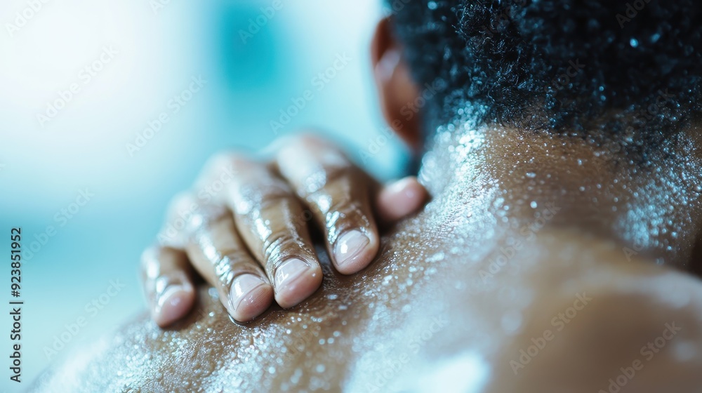This image captures the back of a sweaty person holding their shoulder ...