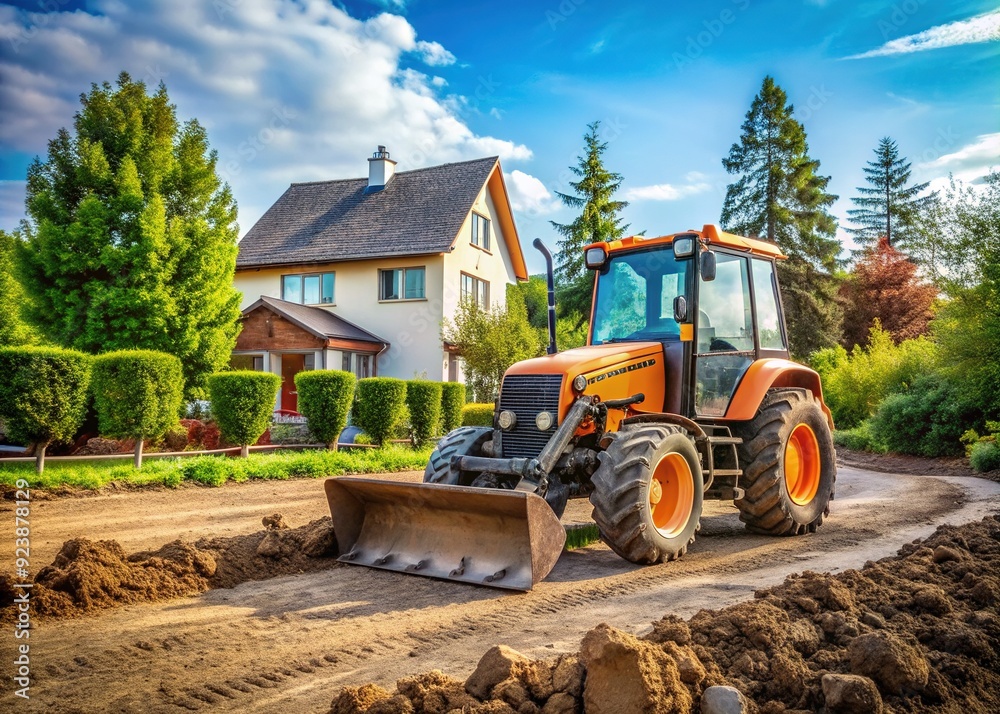 Rugged tractor with heavy-duty wheels and elevated blade levels and ...