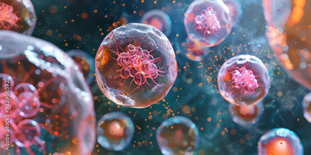 Microscopic view of spherical cells with intricate structures floating ...