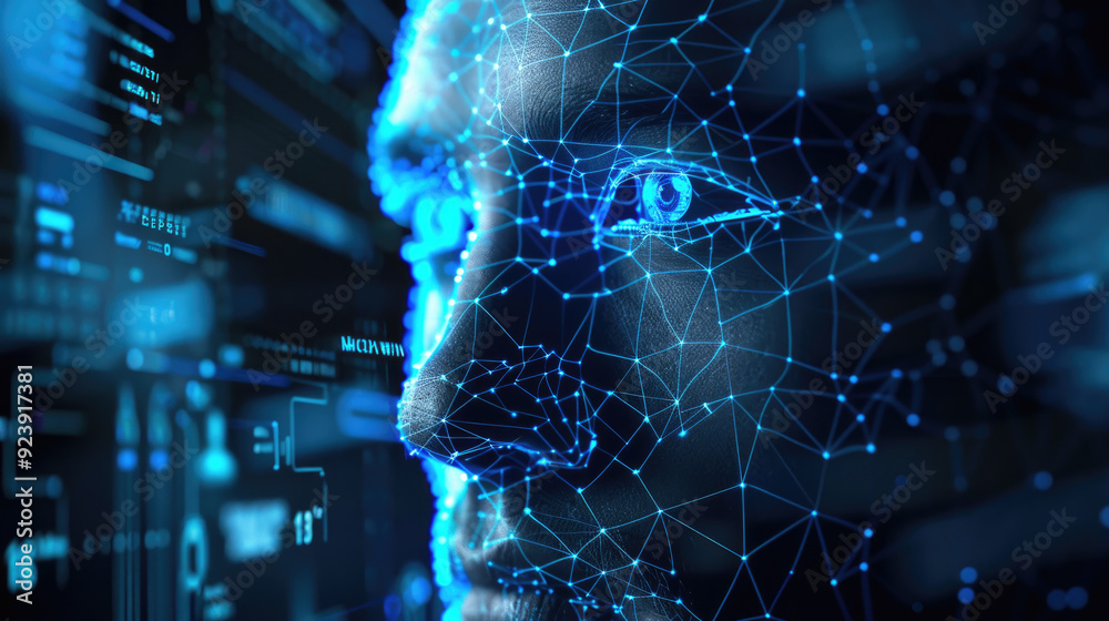 Man face and work of biometric identification system, facial ...