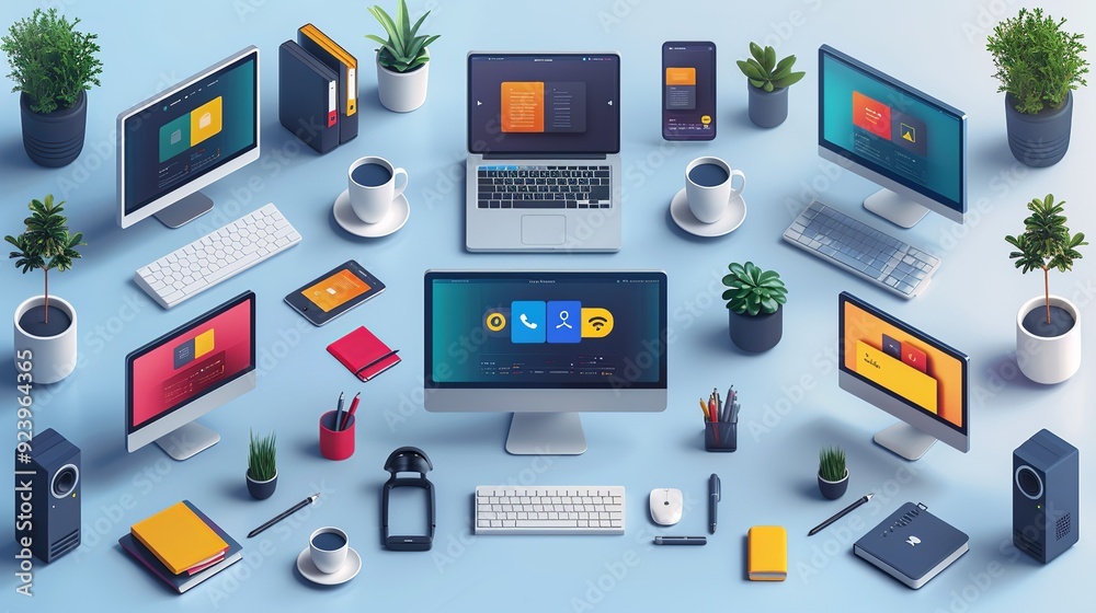 Collaboration tools and video conferencing concept featuring remote ...