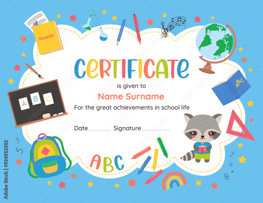 Elementary school certificate with kawaii raccoon. Back to school frame ...