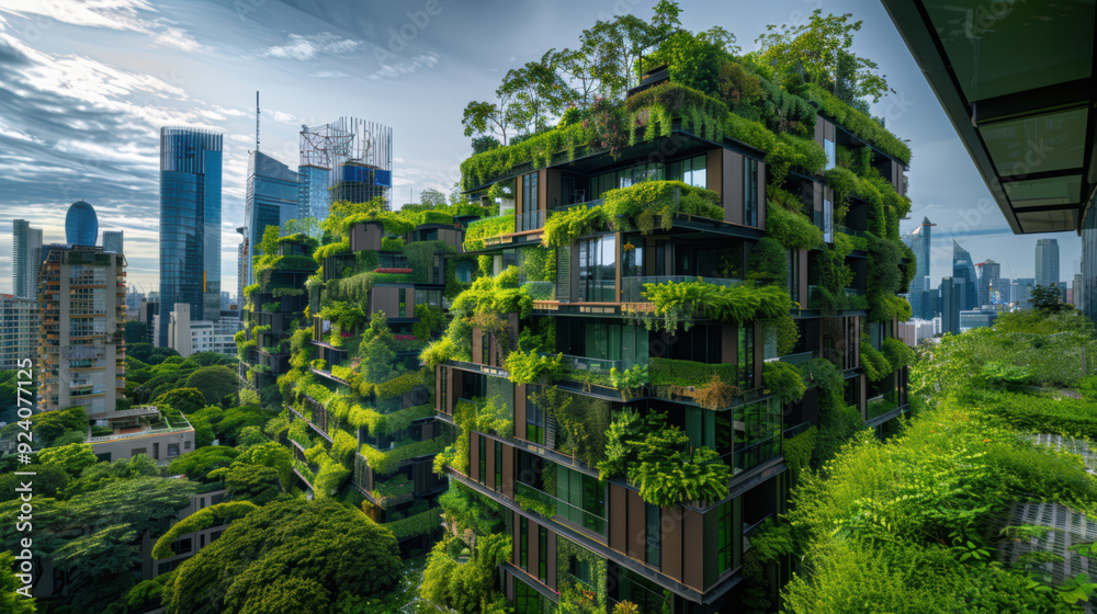 Urban green architecture ecofriendly buildings with vertical gardens in ...