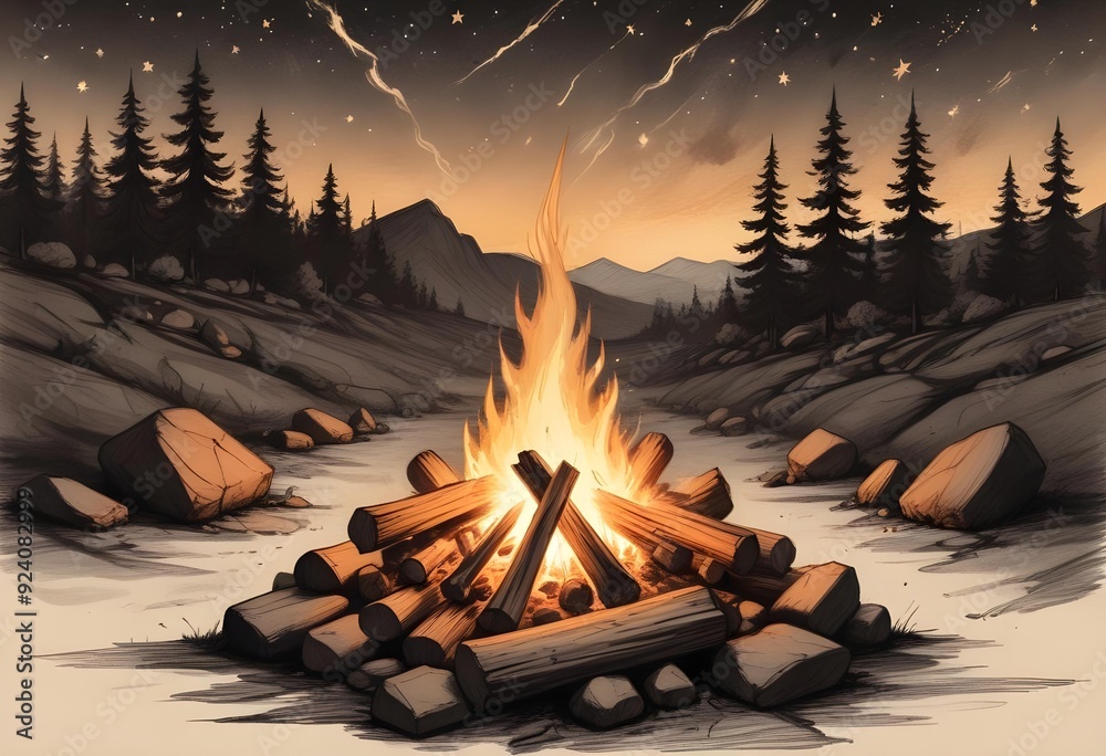 sepia sketch lines, A campfire located among uneven dark rocks and ...