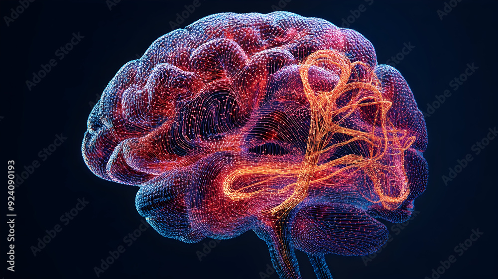 A detailed illustration of the human brain, showcasing neural networks, synapses, and the ...