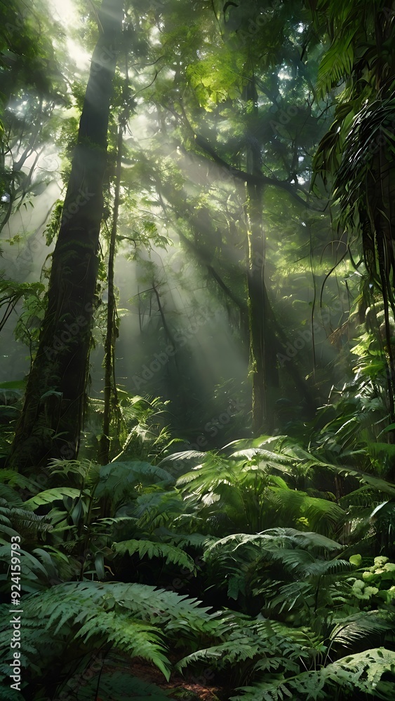 Tropical rainforest landscape view, green jungle leaves and giant trees ...