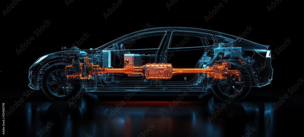 Electric car cross-section with labeled components, including cables ...