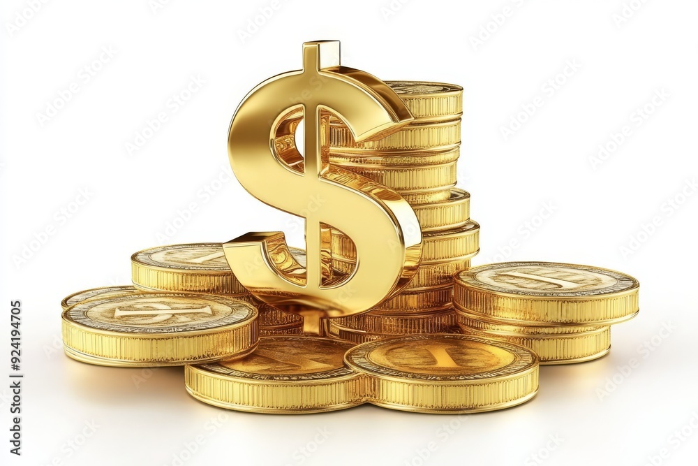 Gold dollar sign sitting on a stack of golden coins symbolizing wealth ...