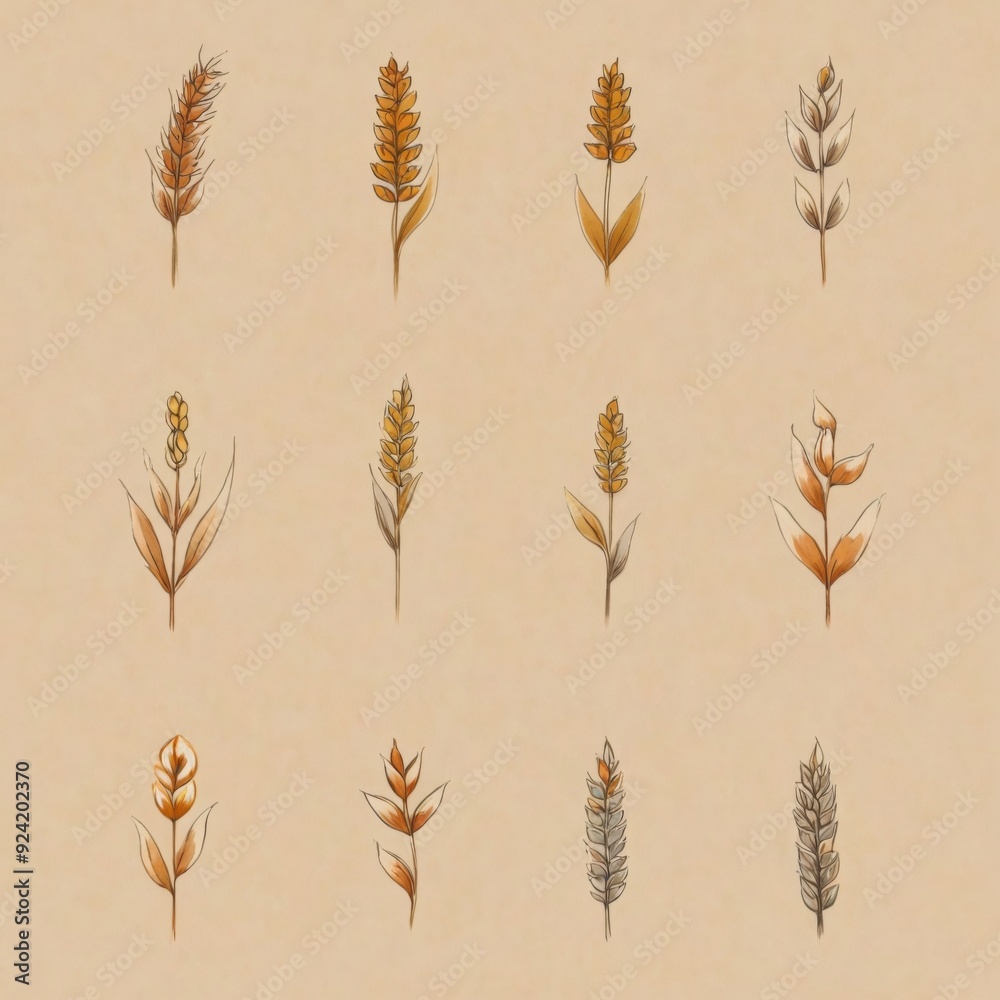Collection nine illustrations different types wheat plants Each Stock ...