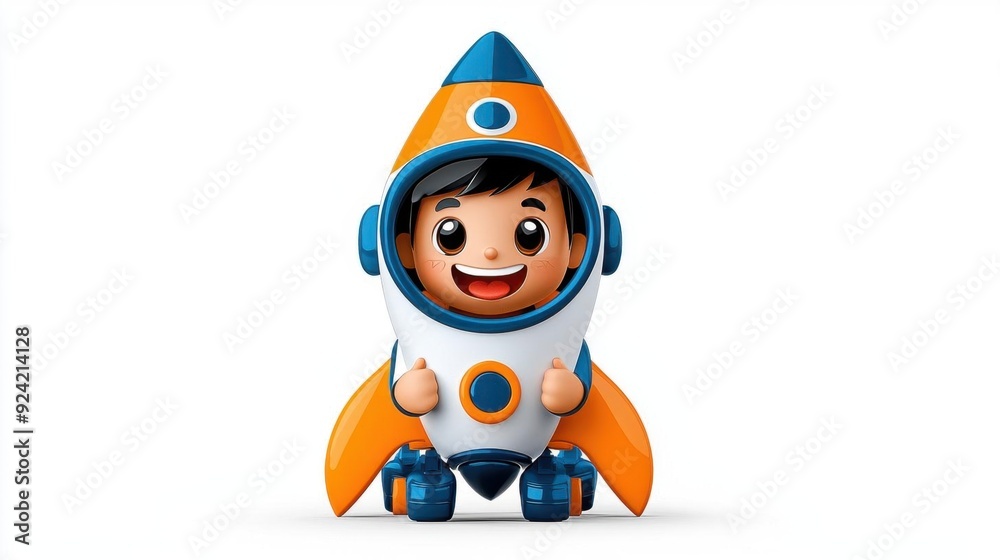 Cute cartoon illustration of a boy with a toy rocket, colorful line ...