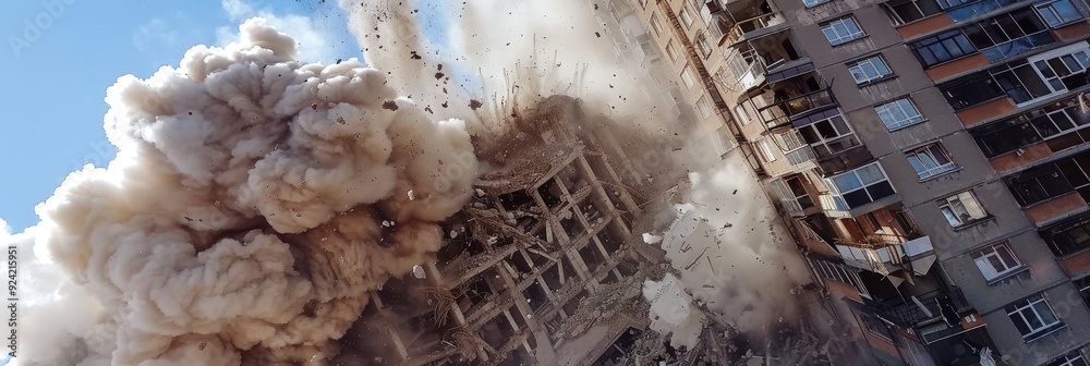 Demolition of an apartment building using a dynamite blast. Stock Photo ...