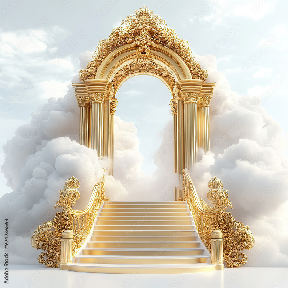 3D golden Baroque arch with stairs leading to heaven on a white ...