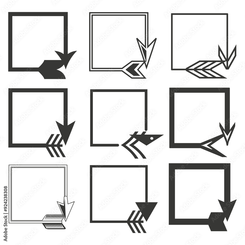 Arrow frame set. Nine different arrow borders. Black and white vector ...