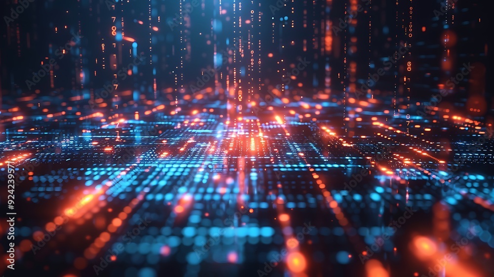 A visual representation of AI processing data, with a matrix of numbers and symbols flowing into ...