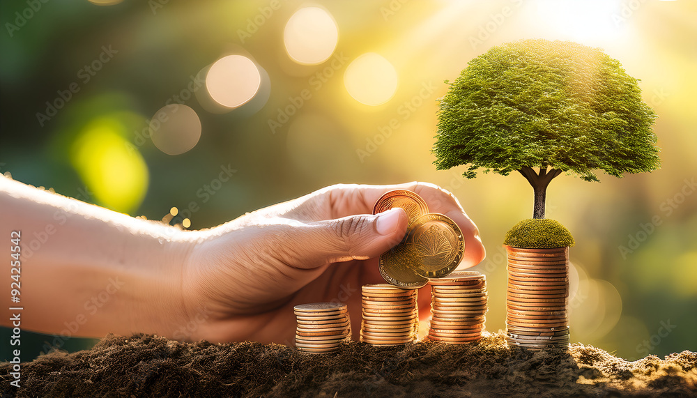 Hand Coin tree, The tree grows on the pile Saving money for the future ...