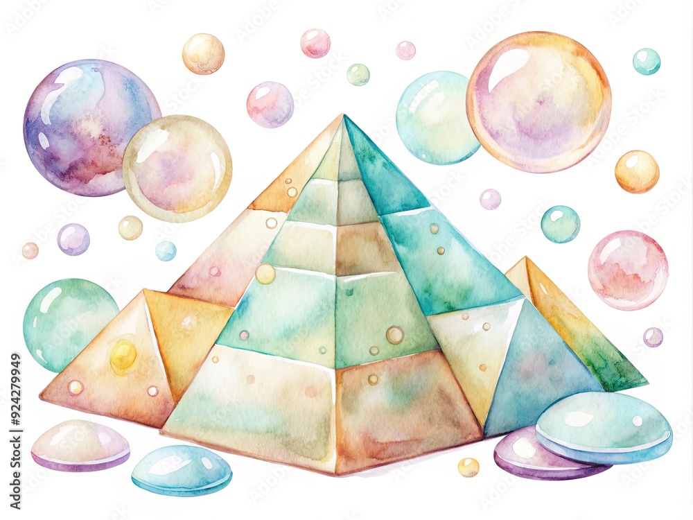 Whimsical watercolor illustration of a pyramid and soap bubbles on a ...