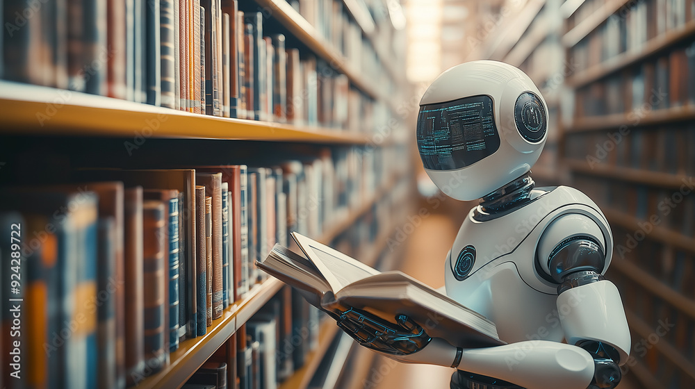 Image of a robot in a library holding and reading a book. The design of ...