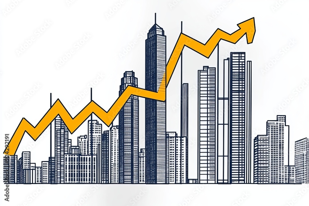 Economic chart overlaying a city skyline representing the direct impact ...
