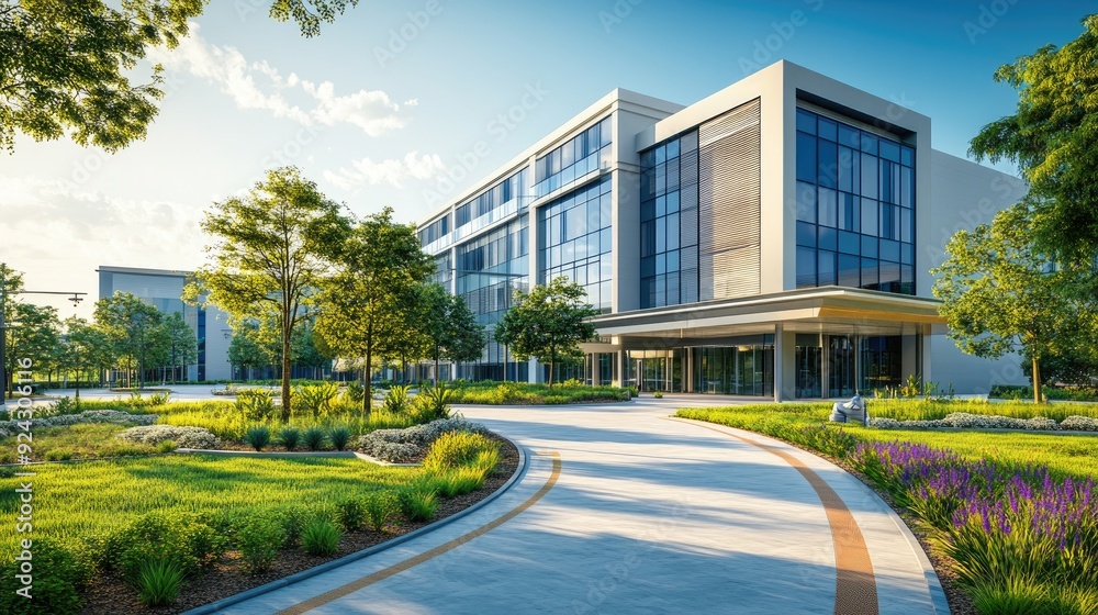 modern hospital exterior, sleek architecture with green spaces, bright ...