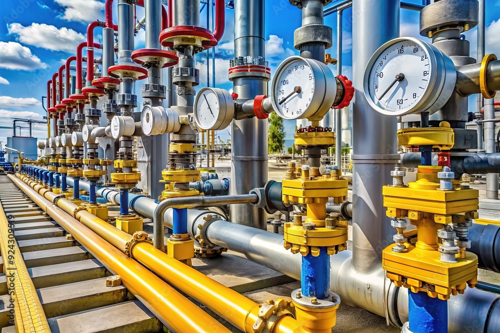 Modern high-pressure gas pipeline system with gauges, valves, and ...