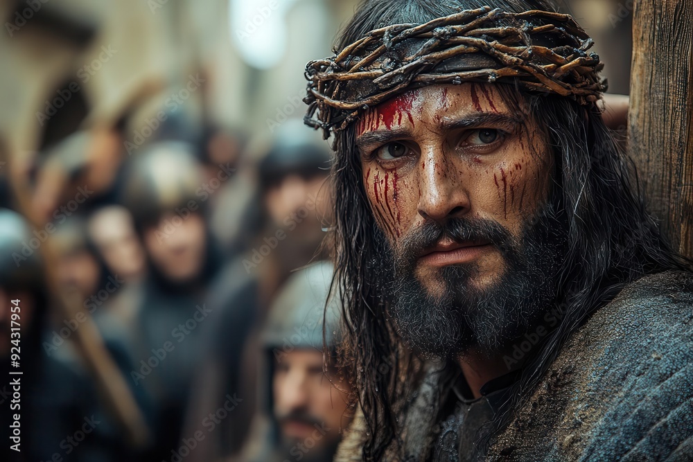 jesus carrying cross through ancient jerusalem streets emotional crowd ...