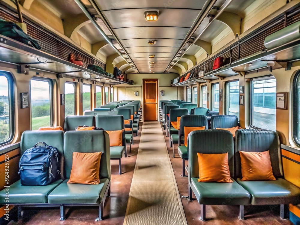 Empty rail car interior with luggage-cluttered seats, footrests, and informative boards ...