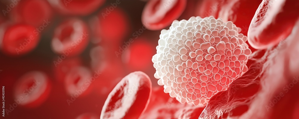 High-magnification image of a white blood cell, showing detailed ...