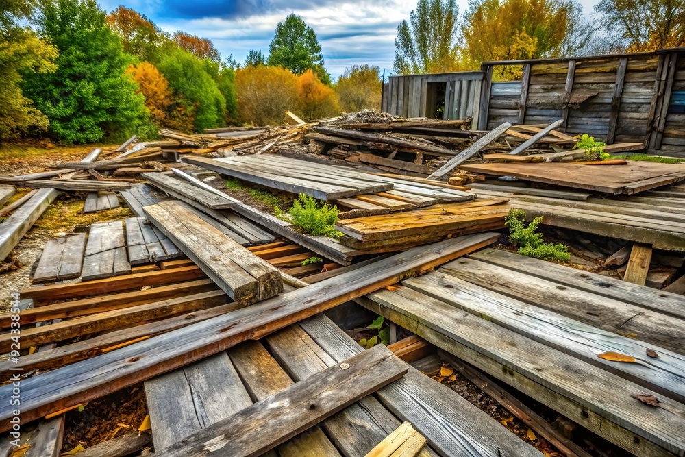 Weathered, worn, and cracked wooden planks and boards, tossed aside ...