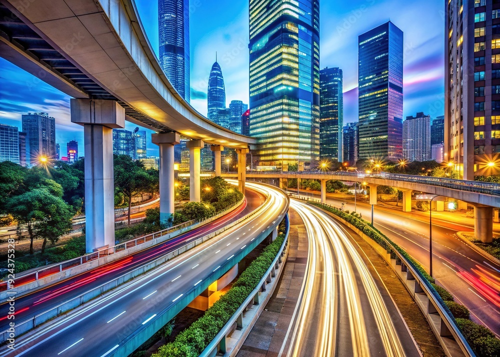 cars zoom past modern buildings under a sweeping bridge, with a maze of ...