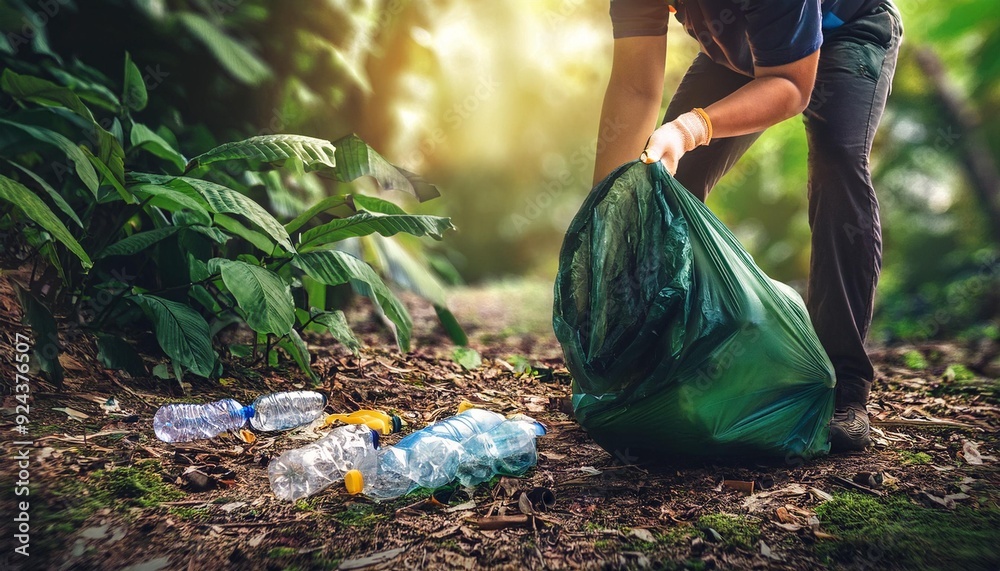 Foto de Stock Personas juntando basura en la selva, cuidado del medio ...