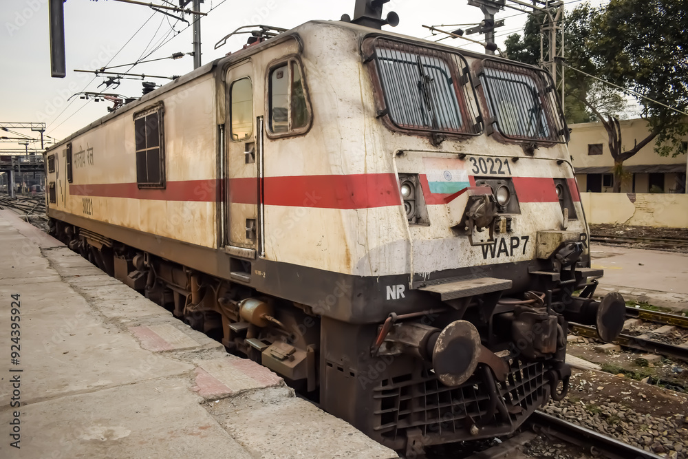 Amritsar, India, June 03 2024 - Indian train electric locomotive engine ...