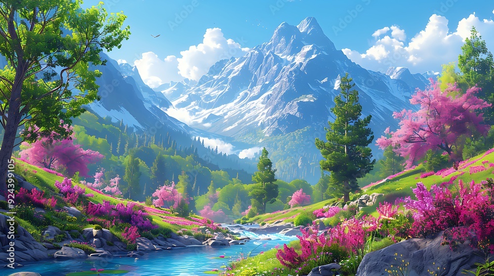 Enchanted valley with a sparkling river, ancient trees towering over ...