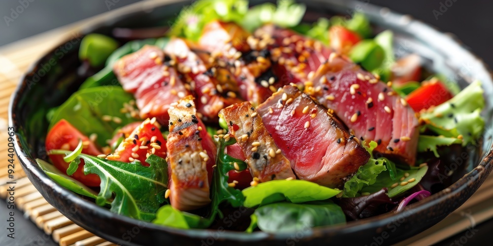 Authentic Japanese food Traditional salad with medium rare grilled Ahi ...