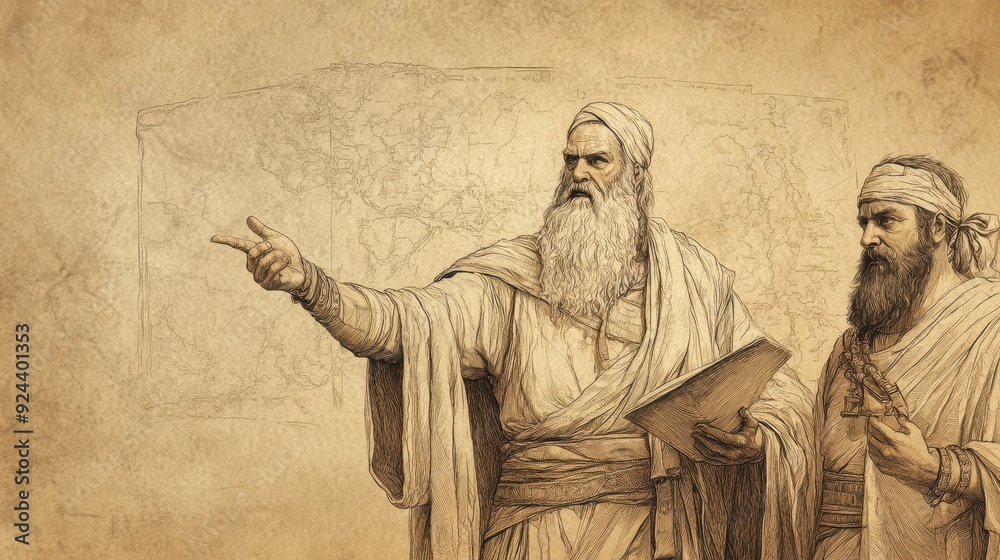 Moses with Map Explaining Conquered Territories to Israelite Leaders ...