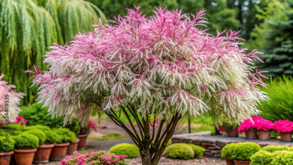 Delicate, ornamental Dwarf Flamingo Willow Hakuro Nishiki tree with ...