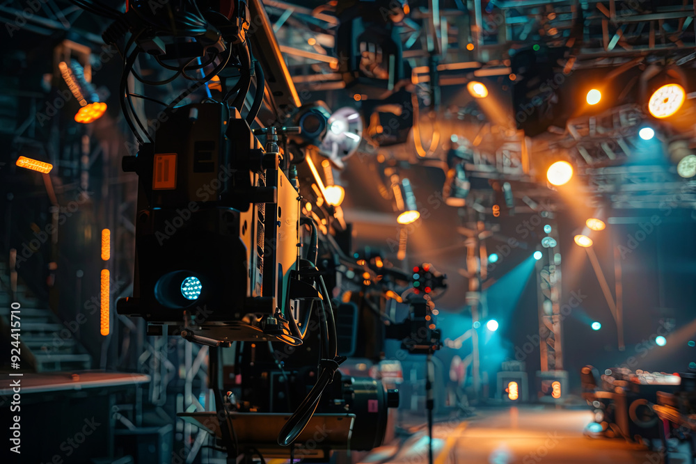 Live stage production setup with rigging equipment and lighting trusses ...