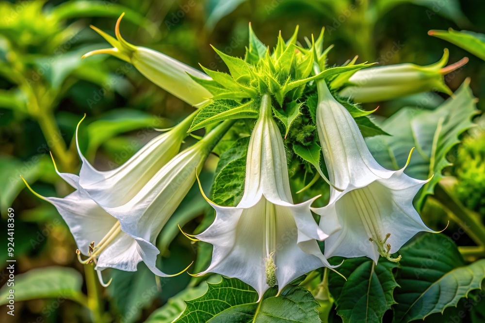 Delicate white trumpet-shaped flowers with spiky seedpods and wrinkled ...